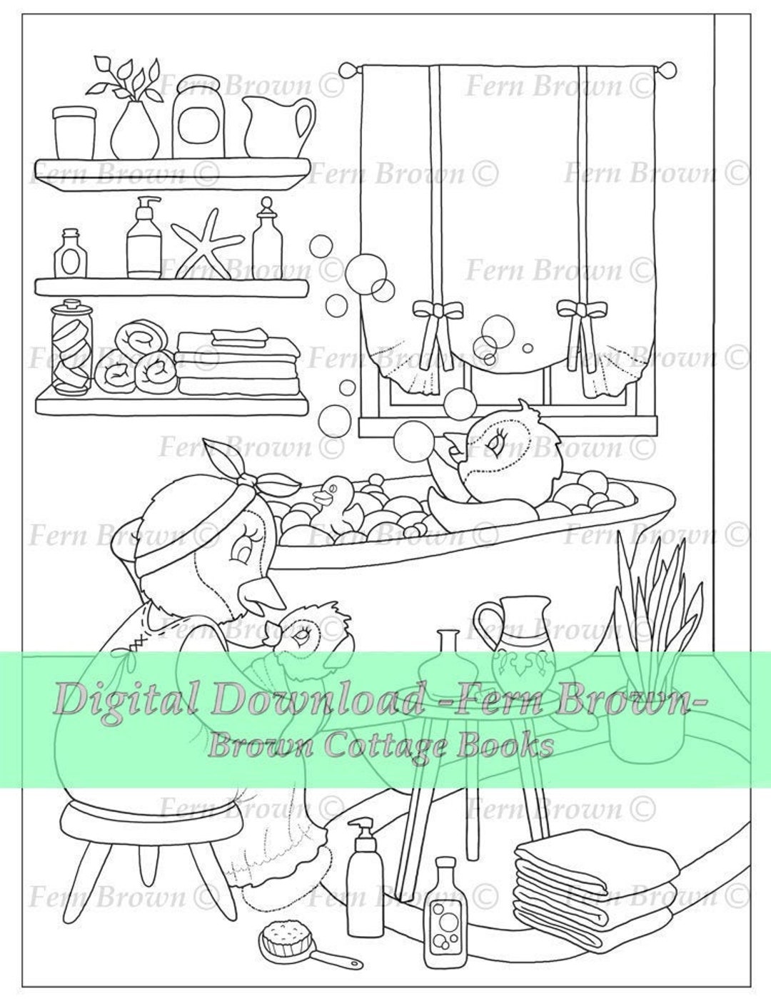 Adult Coloring Page Penguin Bath Time Printable Download Etsy