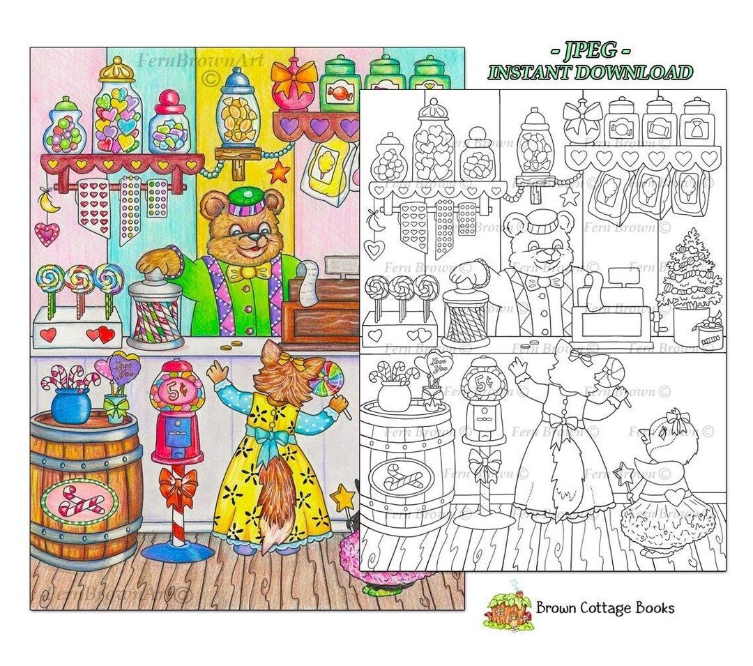 Honey Bear Candy Shop Coloring Page, Hand Drawn Animal Line Art by Fern ...