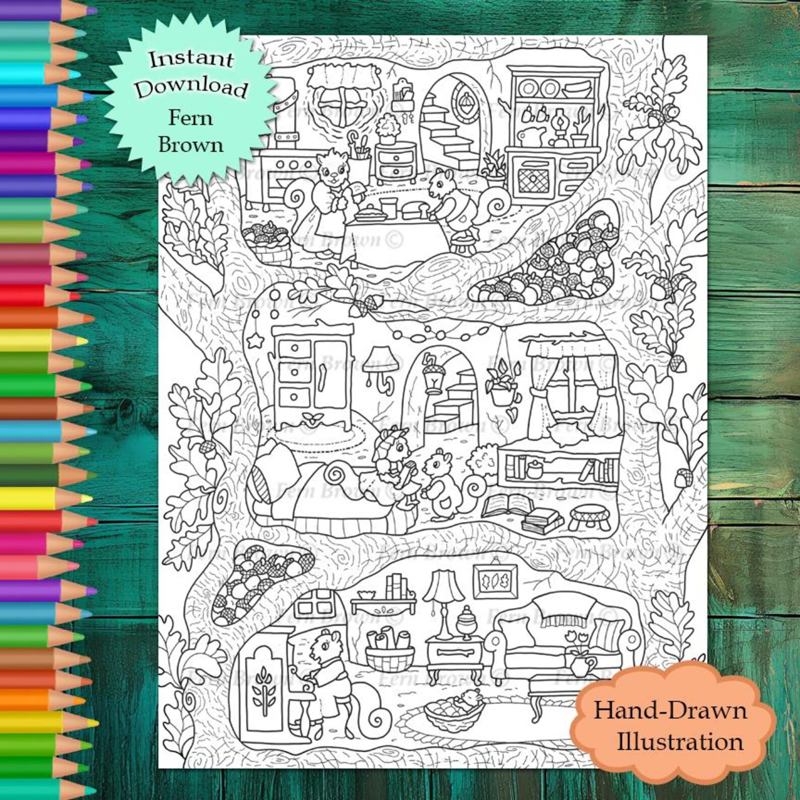 Squirrel Burrow Coloring Page, Instant Download Line Art Animal by Fern ...