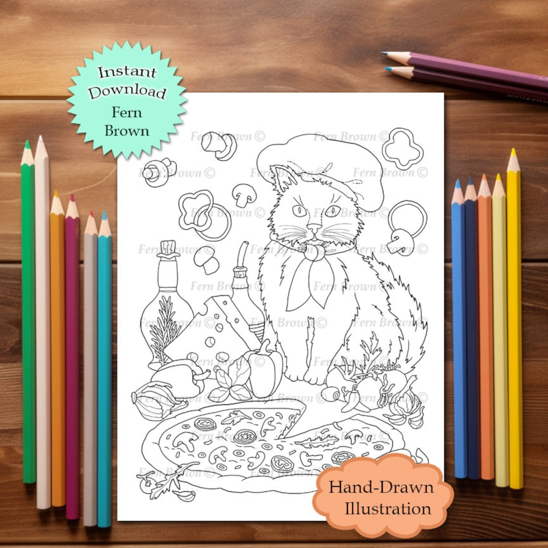Pizza Chef Kitty Coloring Page Instant Download Printable File Line Art ...