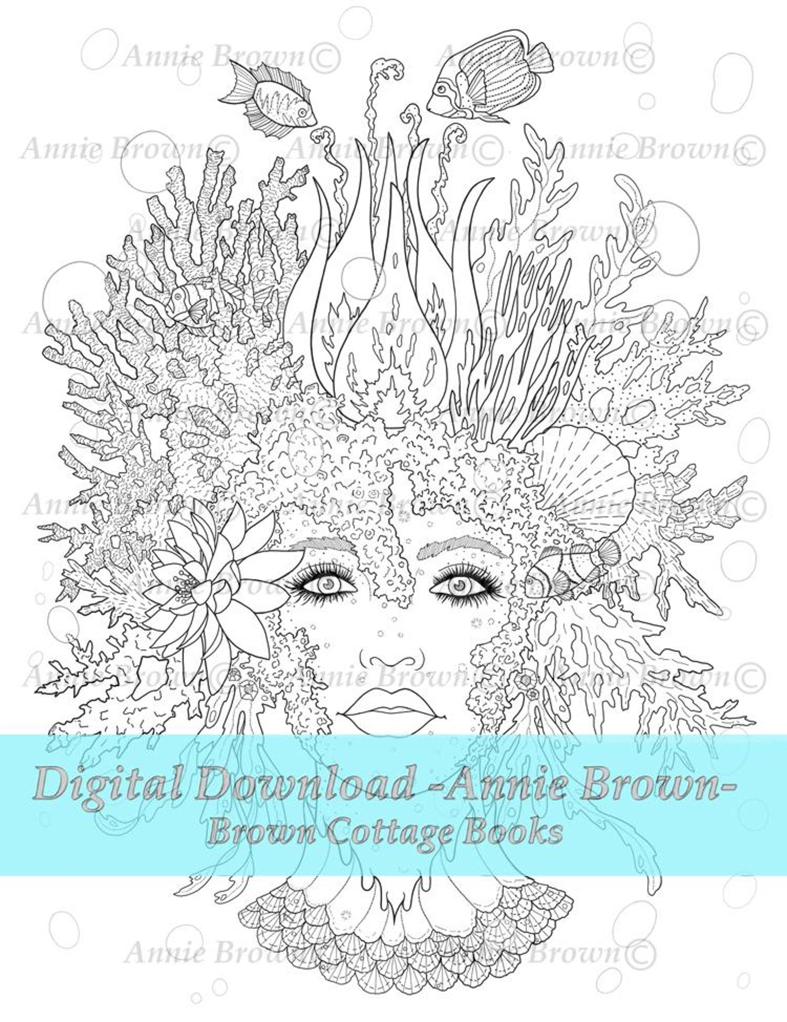 Coral Reef Mermaid Coloring Page, Printable Hand-drawn Fantasy Art by ...