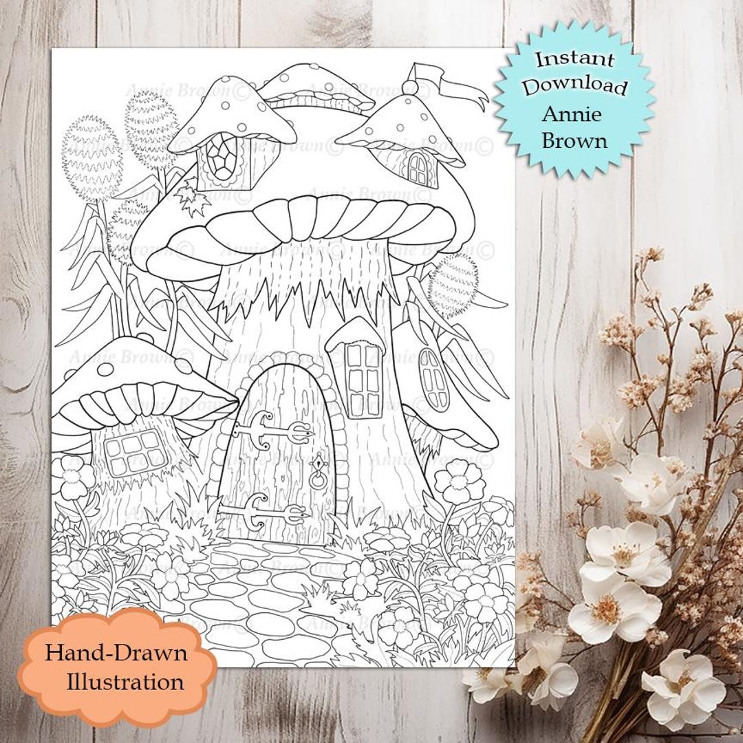 Fairy Mushroom Home Coloring Page, Printable Line Art (JPEG) by Annie ...