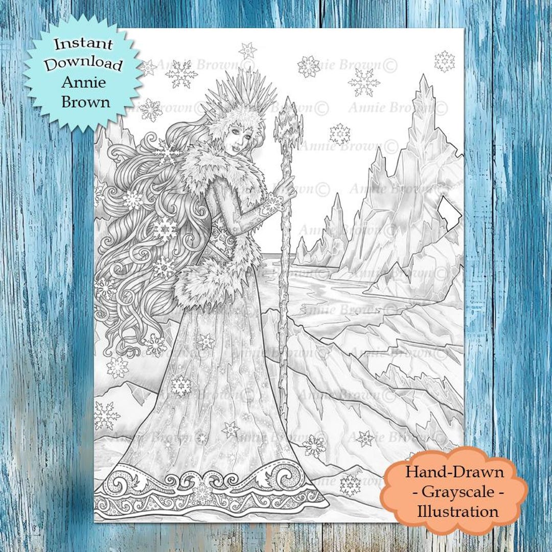 GRAYSCALE Snow Queen Realm Coloring Page Instant Download Printable ...