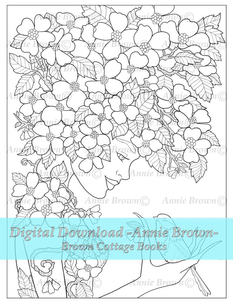 Flower Dryad Fantasy Coloring Page, Printable Hand-drawn Nature Art by ...