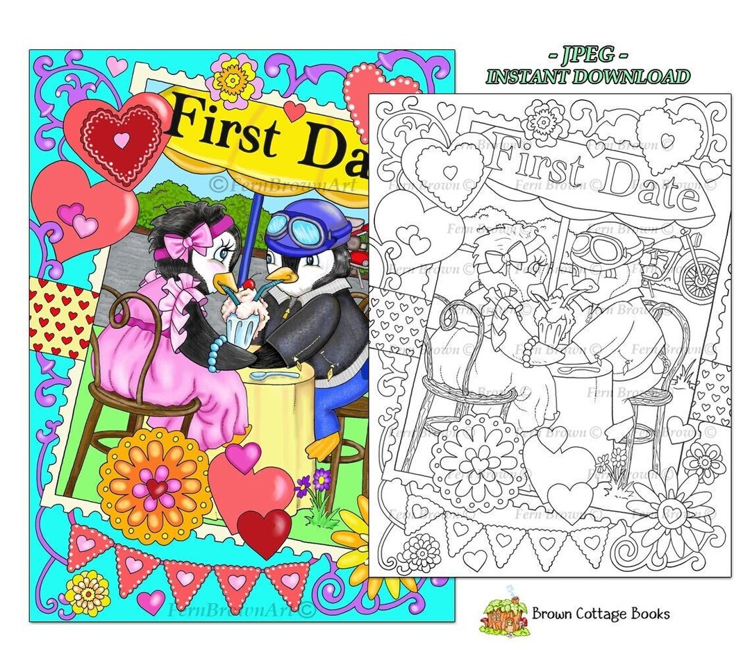 Penguins First Date Coloring Page Instant Download Printable File Line ...