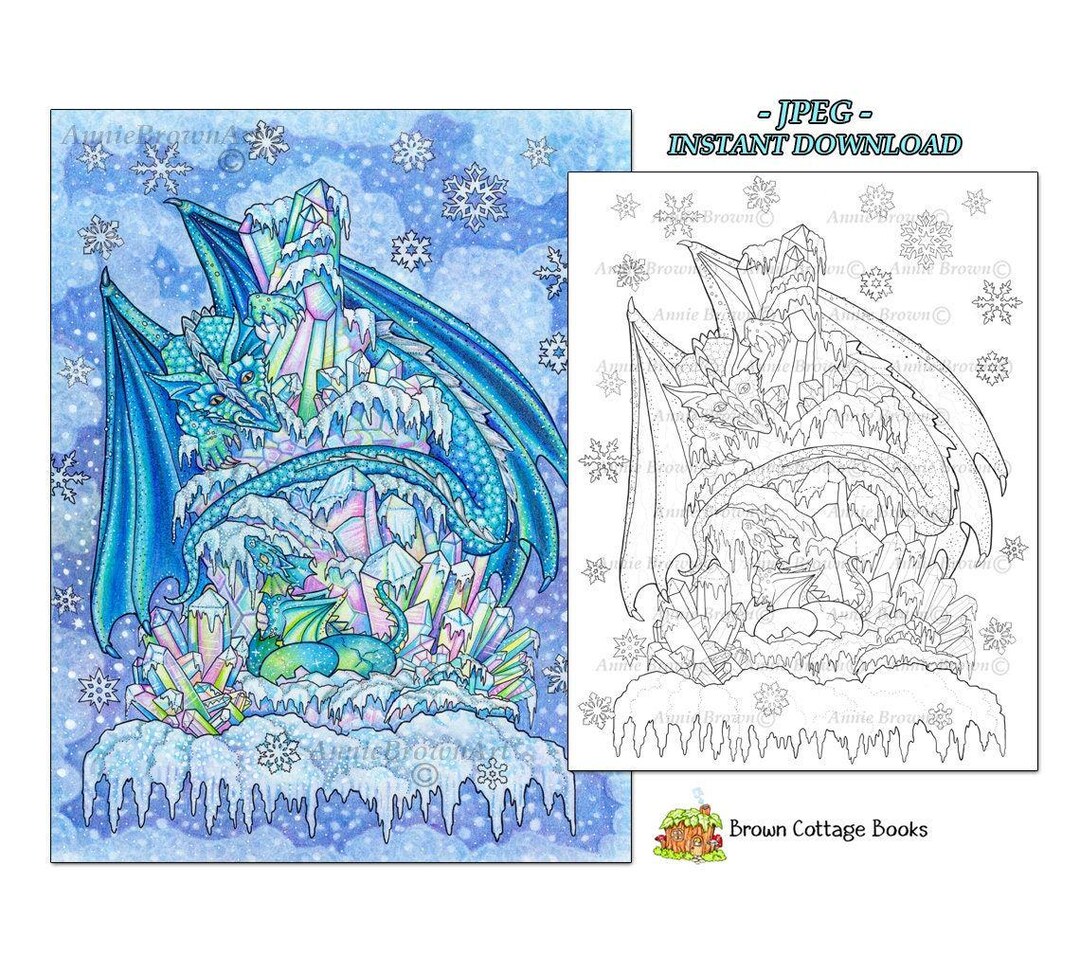 Ice Dragon Coloring Page, Printable Line Art by Annie Brown, Hand-drawn ...