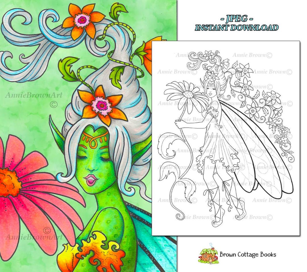 Flower Sprite Fairy Coloring Page, Printable Hand-drawn Fantasy Art by ...