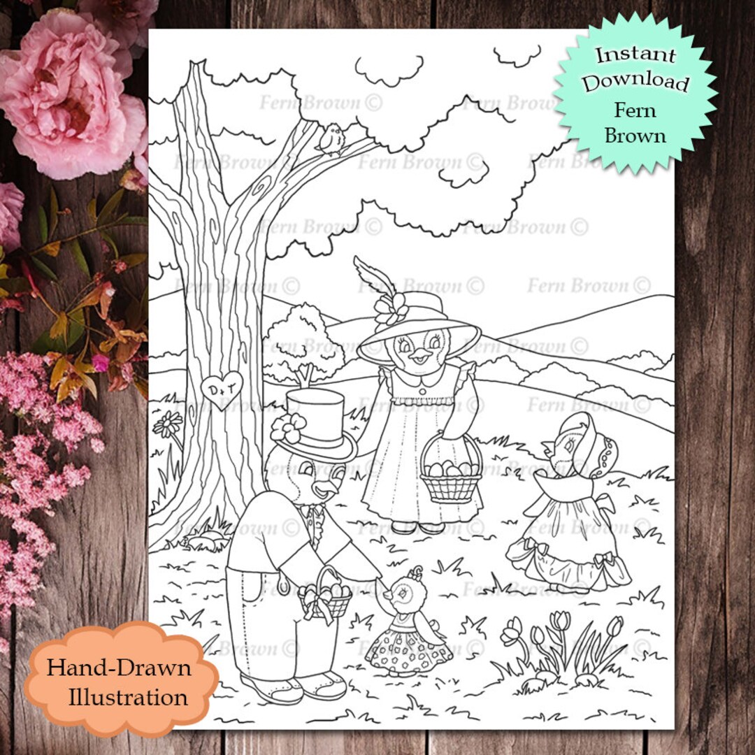 Easter Egg Hunt Penguins Coloring Page, Printable Art Hand-drawn by ...