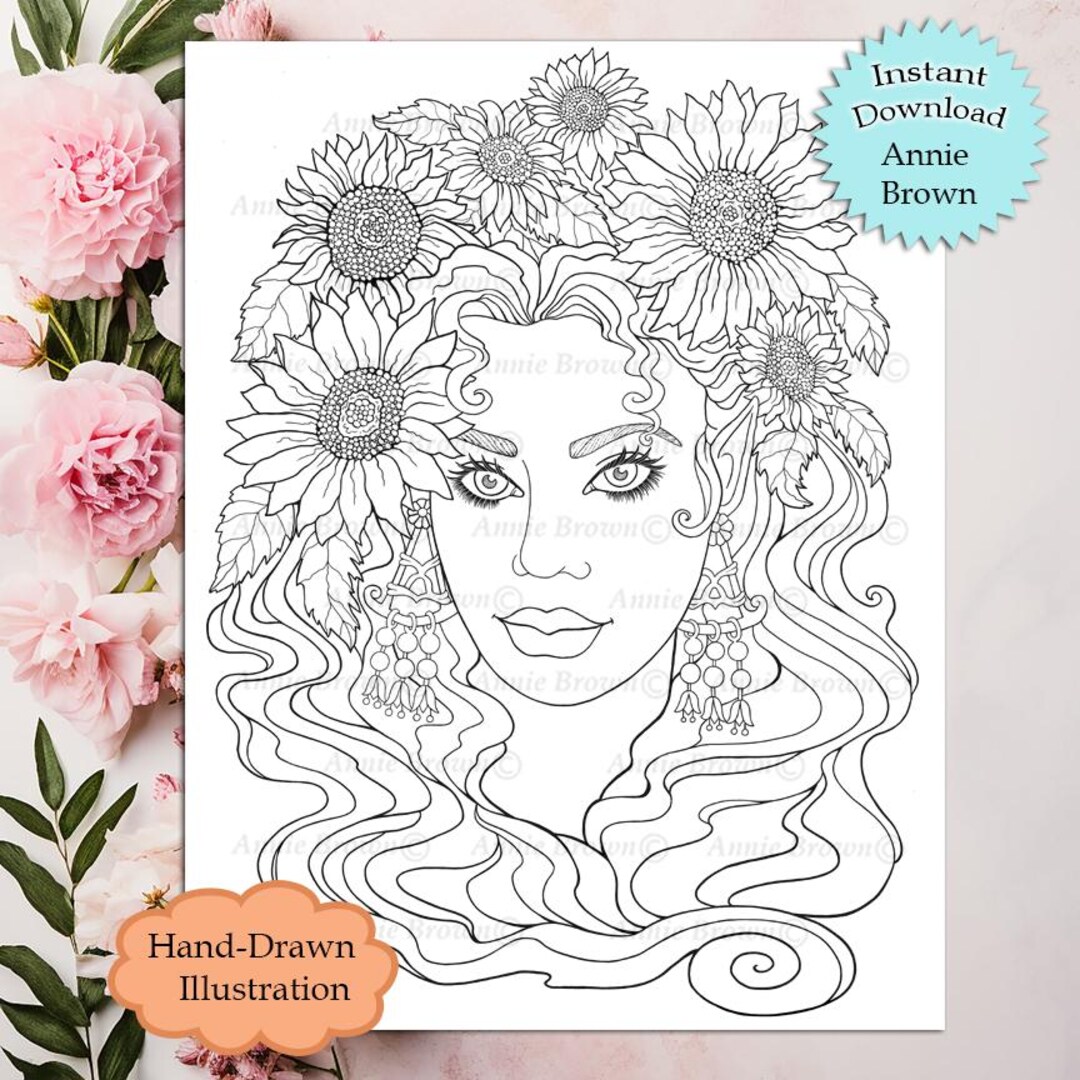Sunflower Fairy Maiden Coloring Page, Fantasy Printable Art, Adult ...