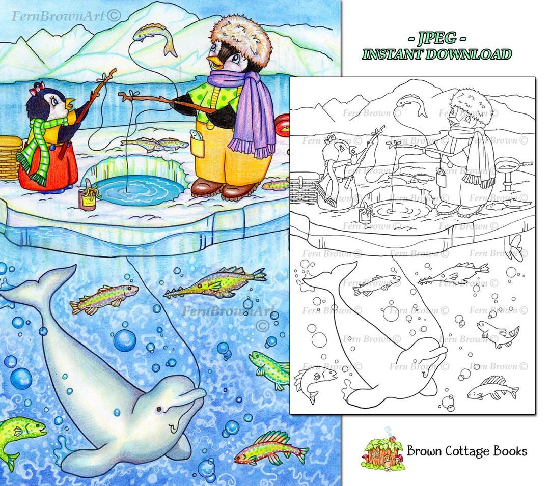 Penguin Fishing Coloring Page, Printable Download Animal Art by Fern ...