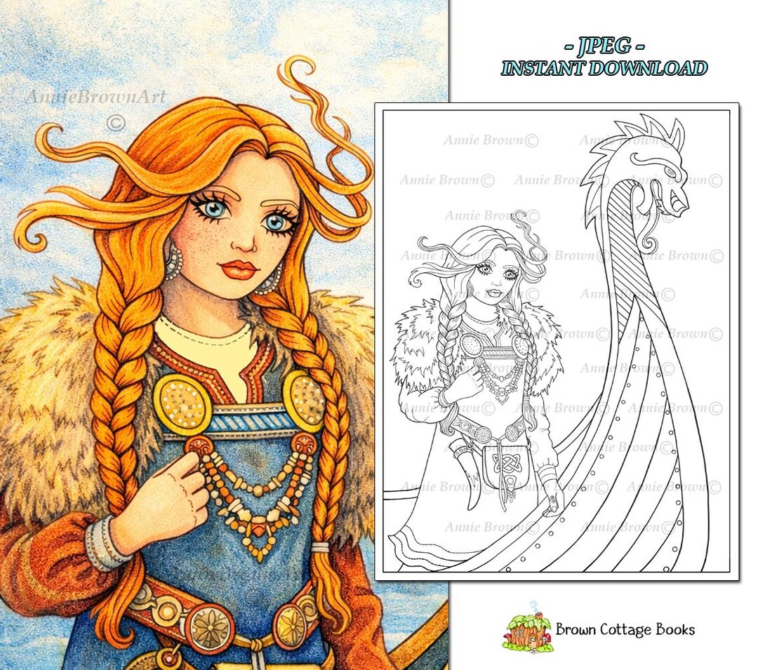 Viking Maiden Cutie Coloring Page, Fantasy Printable Hand-drawn Art by ...