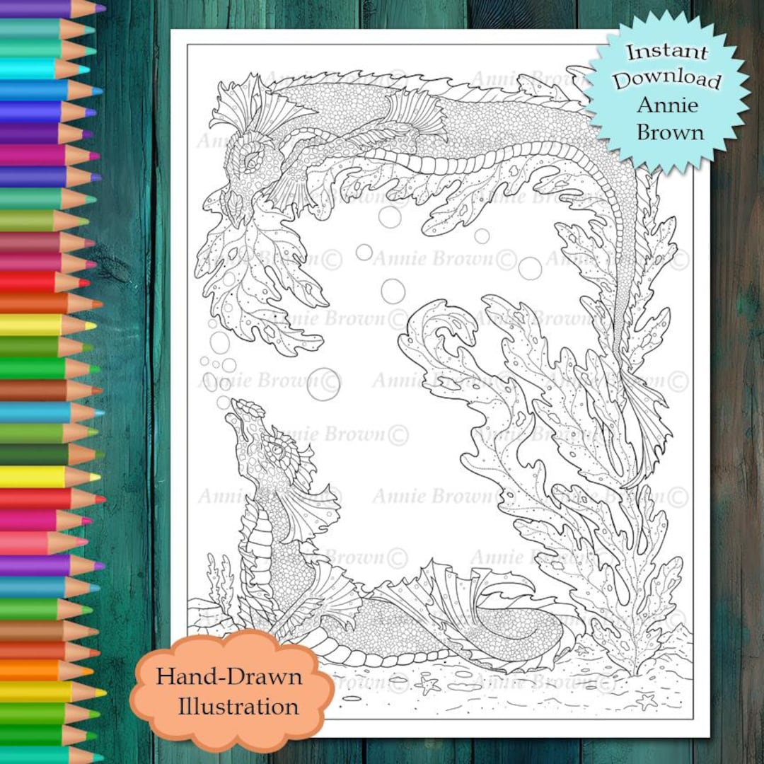 Sea Dragons Coloring Page, Printable Line Art by Annie Brown, Hand ...