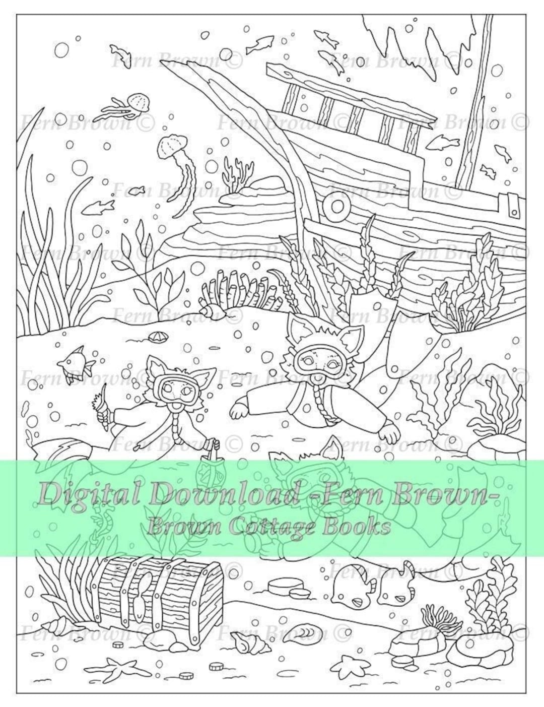 Fox Scuba Diving Coloring Page, Instant Download Line Art by Fern Brown ...