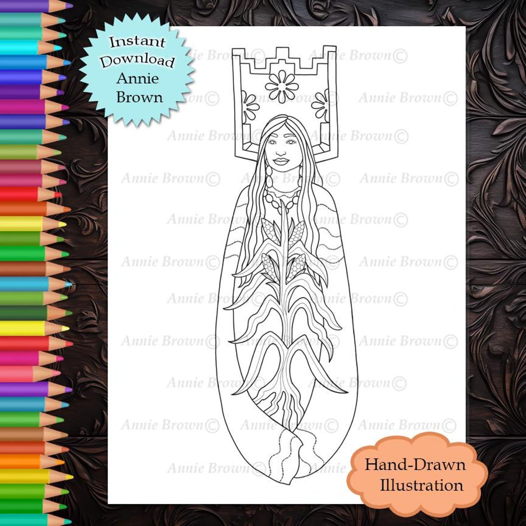 Corn Maiden Coloring Page, Printable Line Art by Annie Brown – Hand ...