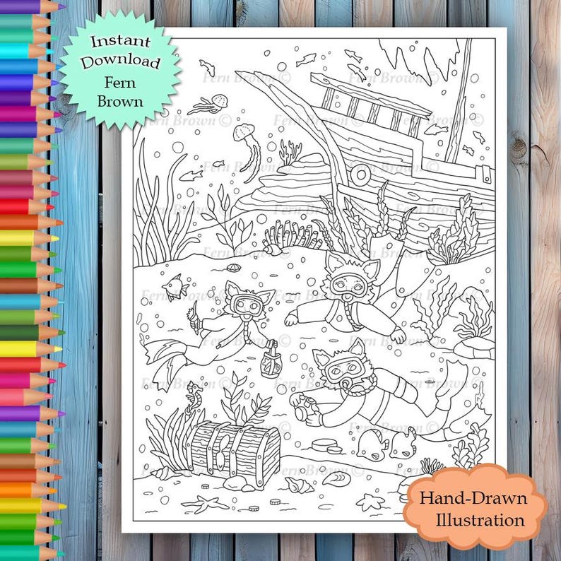 Fox Scuba Diving Coloring Page, Instant Download Line Art by Fern Brown ...