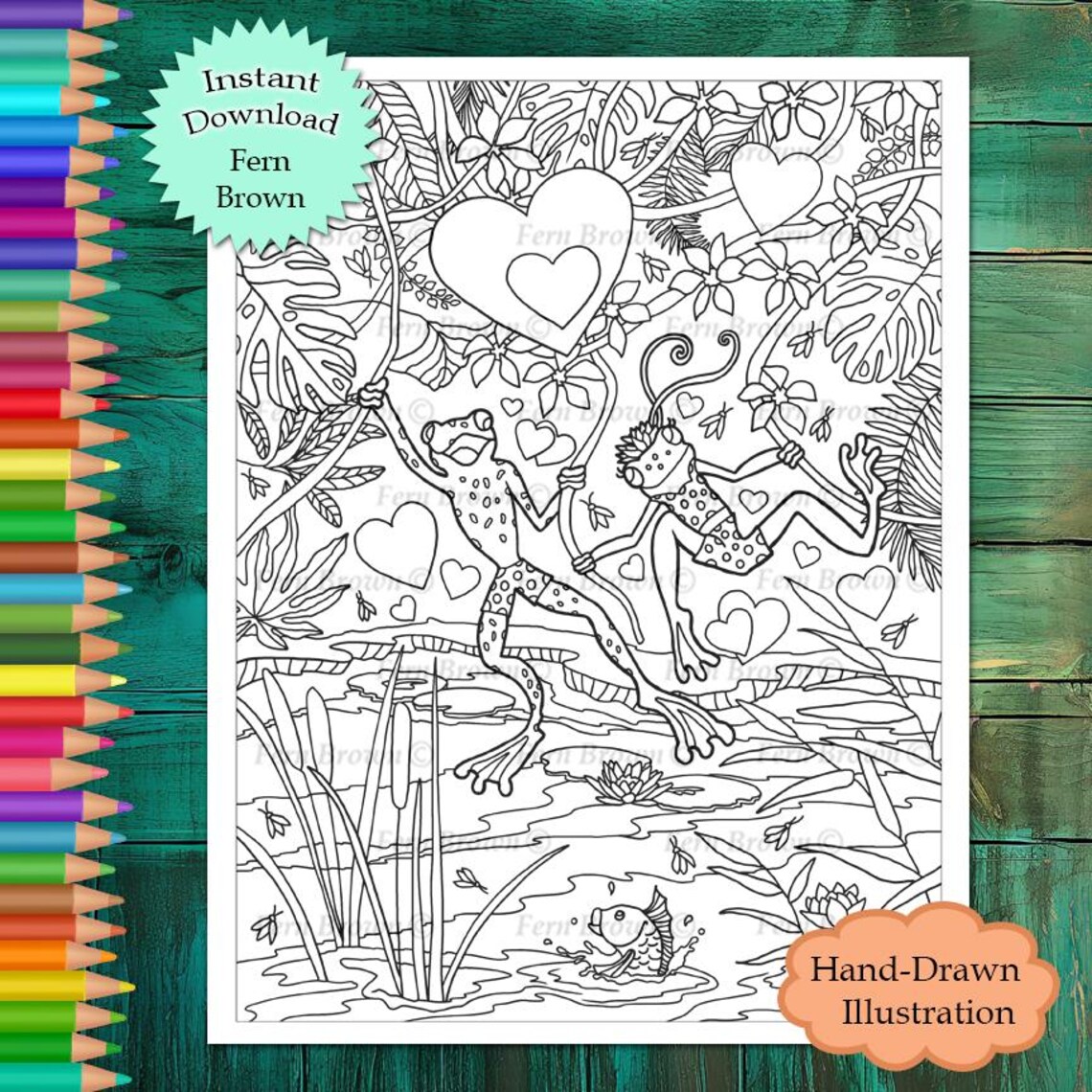 Jungle Frogs in Love Coloring Page, Instant Download Line Art by Fern ...