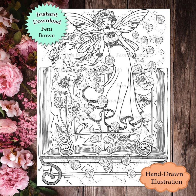Fairy Rose Book Coloring Page, Printable Hand-drawn Fantasy Art by Fern ...
