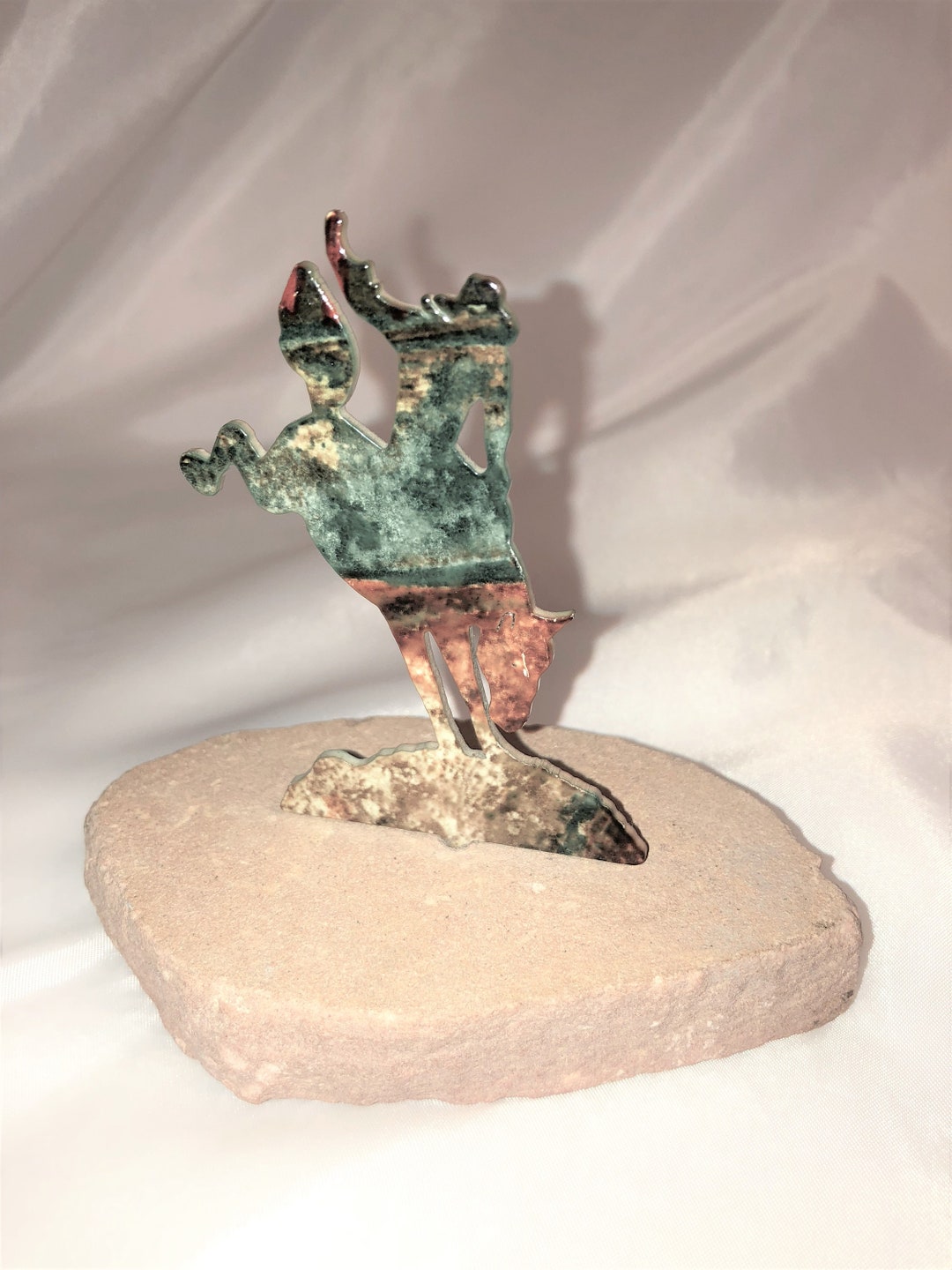 Cowboy on Broncing Horse Lazart Metal Sculpture Mounted on Texas Red ...