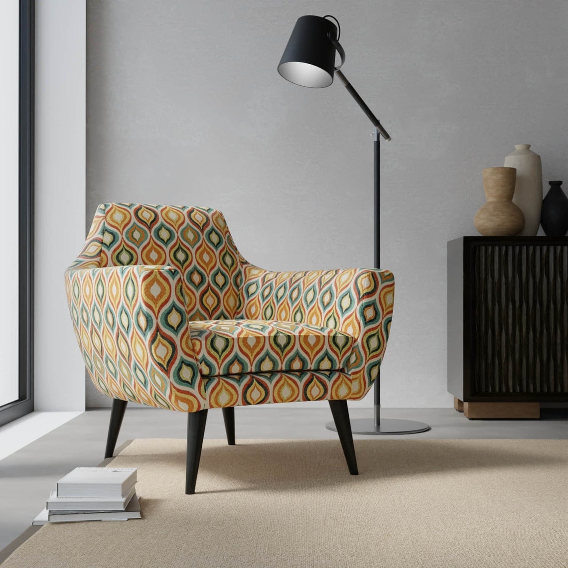 Blue Orange Geometric Woven Pattern Upholstery Fabric by the Yard - SKU ...