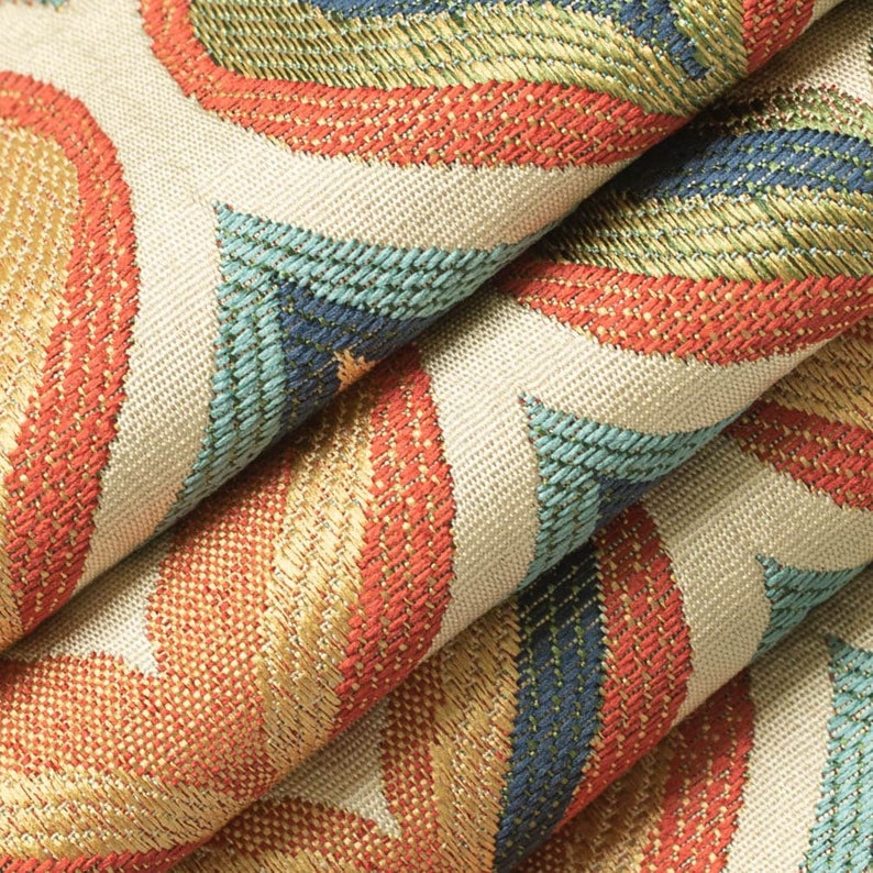 Blue Orange Geometric Woven Pattern Upholstery Fabric by the Yard - SKU ...