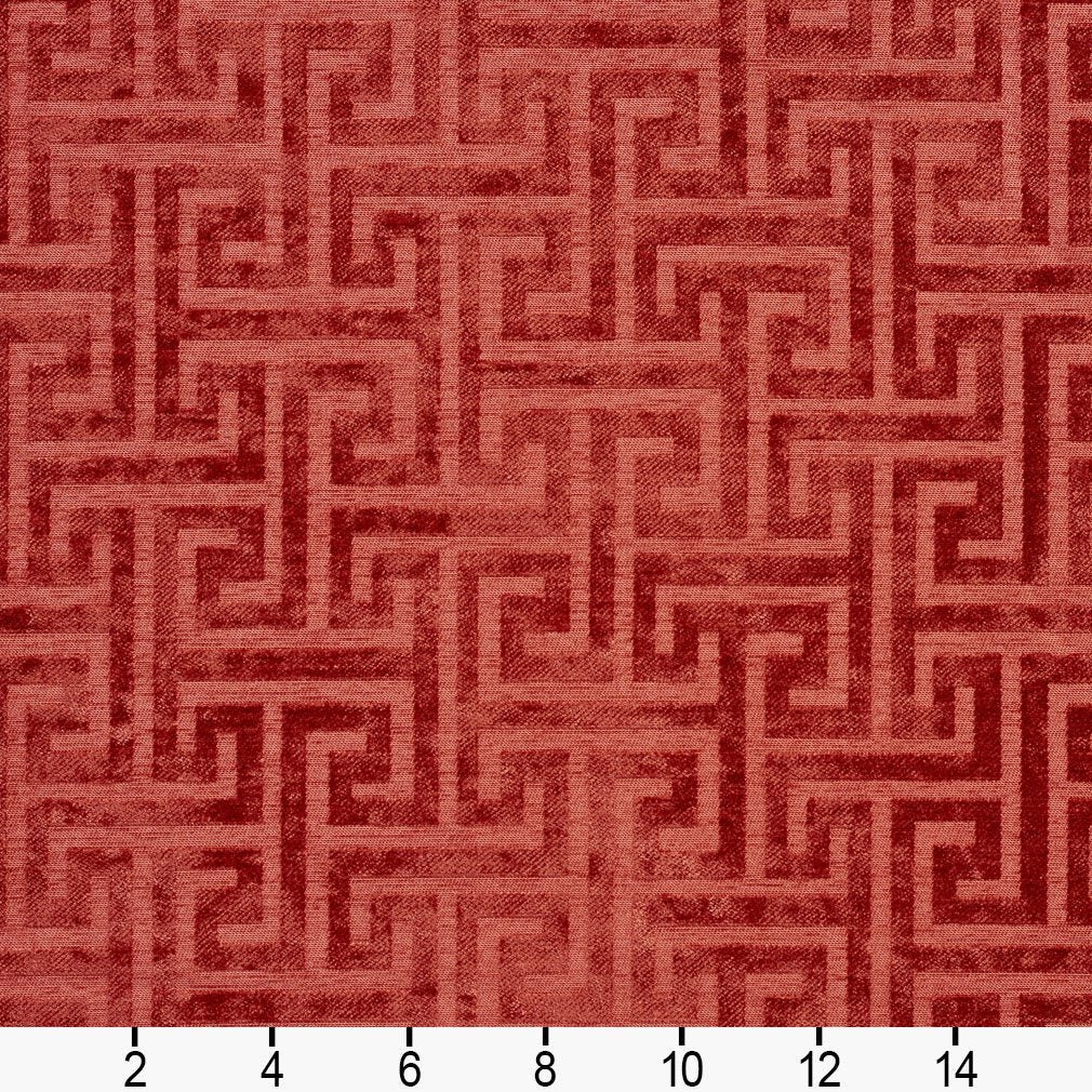 Coral Greek Key Geometric Velvet Woven Pattern Upholstery Fabric by the ...