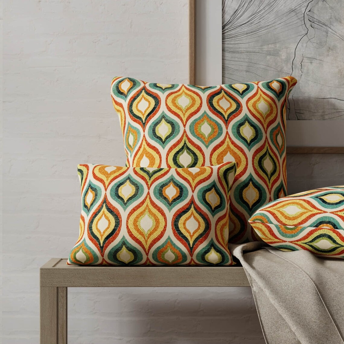 Blue Orange Geometric Woven Pattern Upholstery Fabric by the Yard - SKU ...