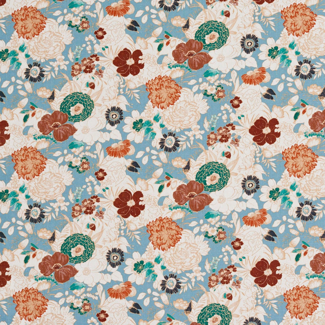 Aqua Floral Linen Look Print Upholstery Fabric by the Yard - SKU ...