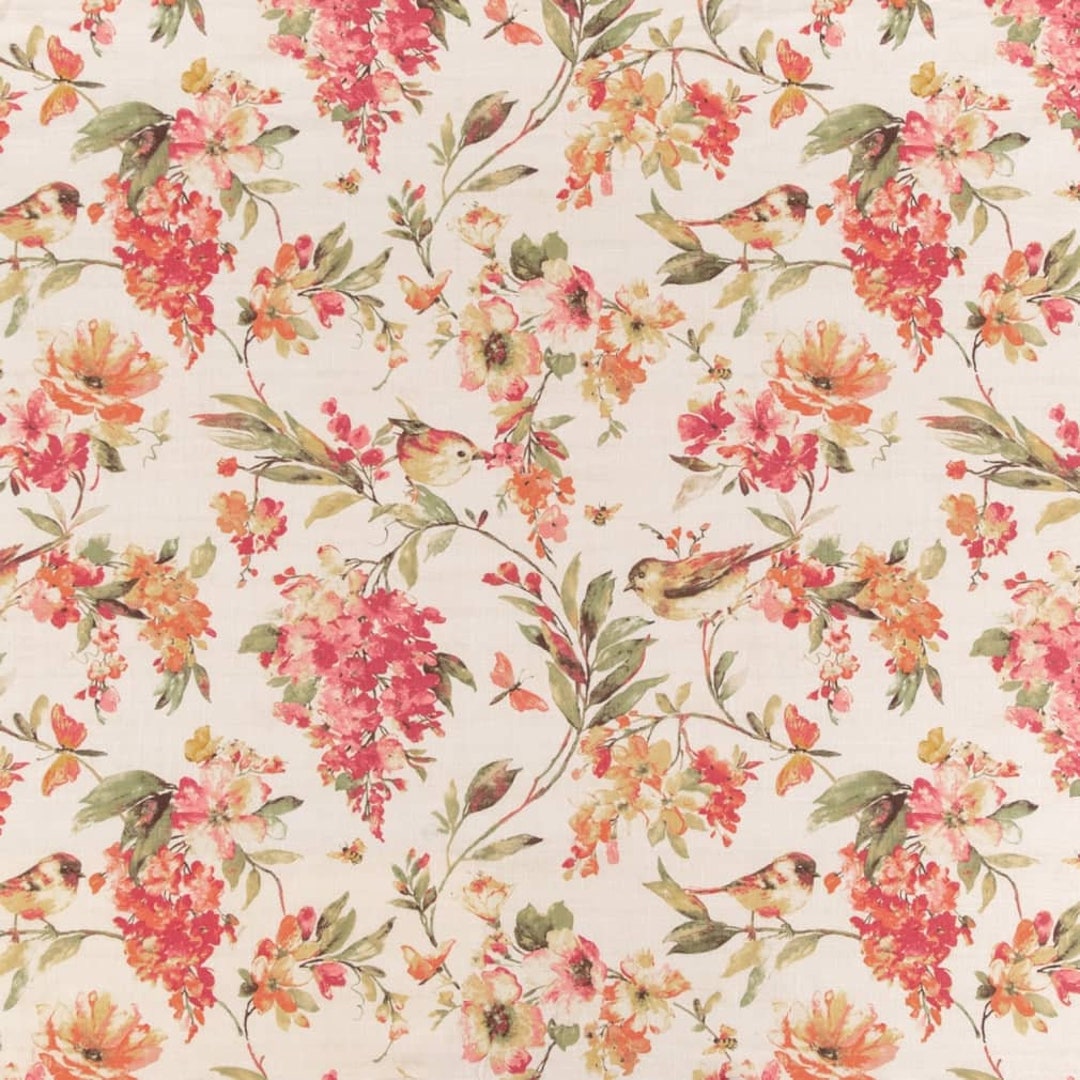 Orange Floral Linen Look Print Upholstery Fabric by the Yard - SKU ...