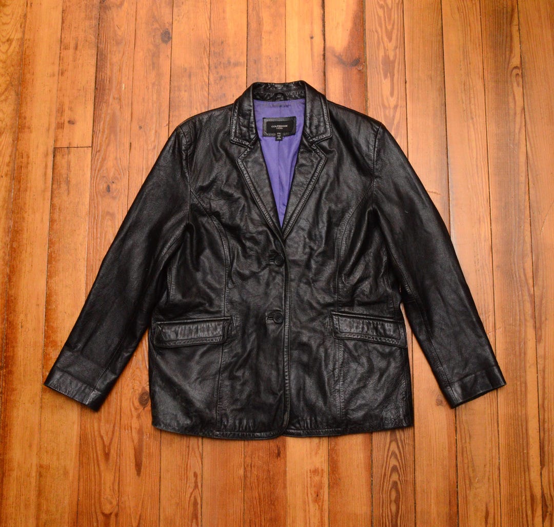 Vintage Leather Blazer Womens Size Petite XL Black Jacket Purple Lining ...