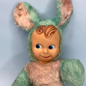 Vintage Stuffed Bunny, Kid Face, Rubber Faced Doll, Plastic Face, Plush ...