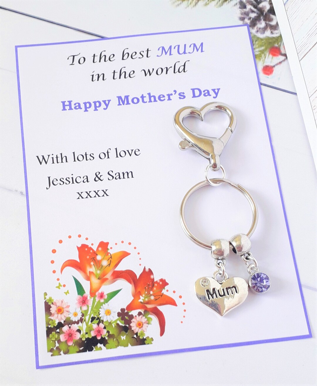 Mothers Day Personalised Gift Heart & Crystal Keyring Bag Charm Keyring ...