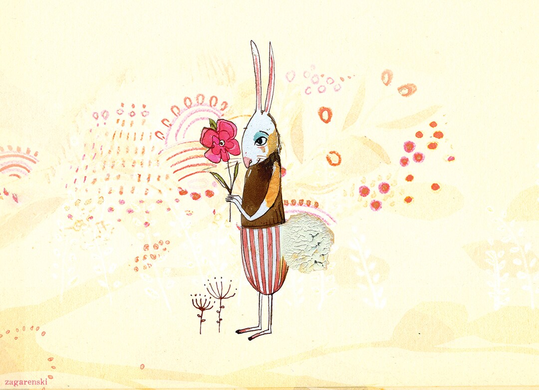 Sacredbee Postcard Rabbit With Pink Poppy - Etsy