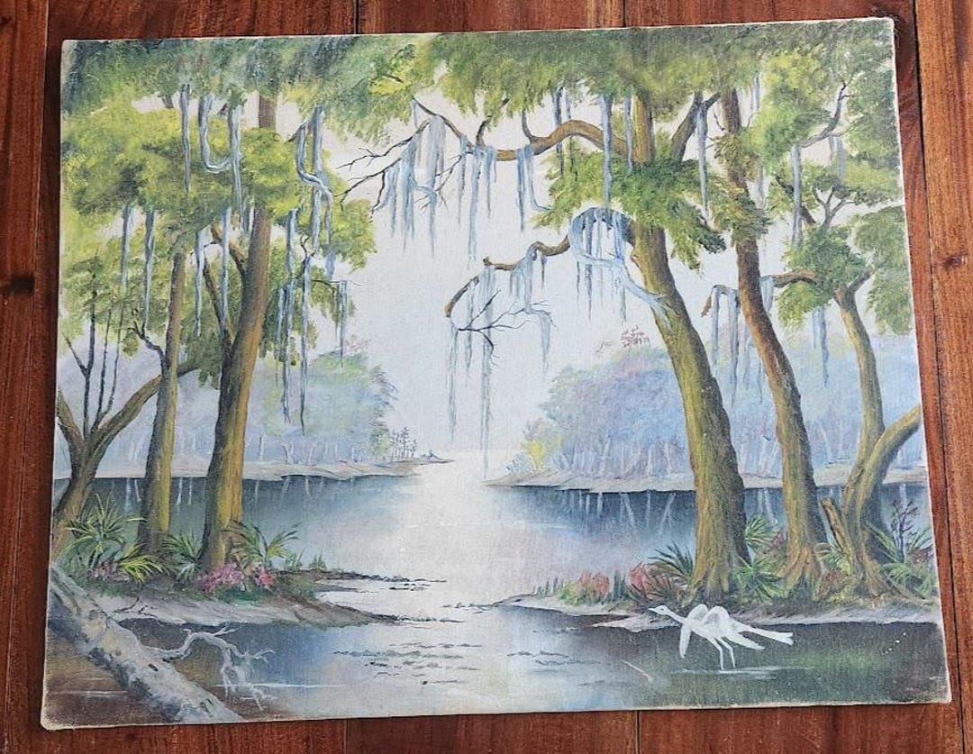 Vintage Swamp Scene Landscape Painting – Cypress Trees & Heron – 20"x16 ...