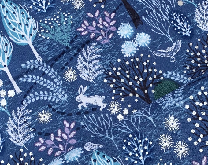 Blue Silver Winter Garden Hares Rabbits Silver Threads 100% Cotton ...