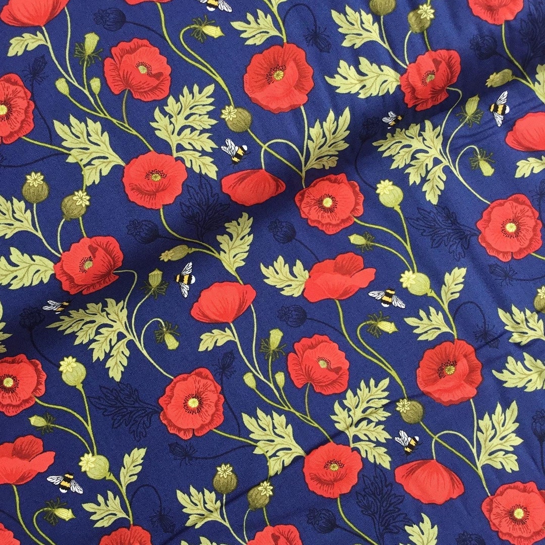 Royal Blue Poppy Poppies Bees Gold Flowers Pretty Quality 100% Cotton ...