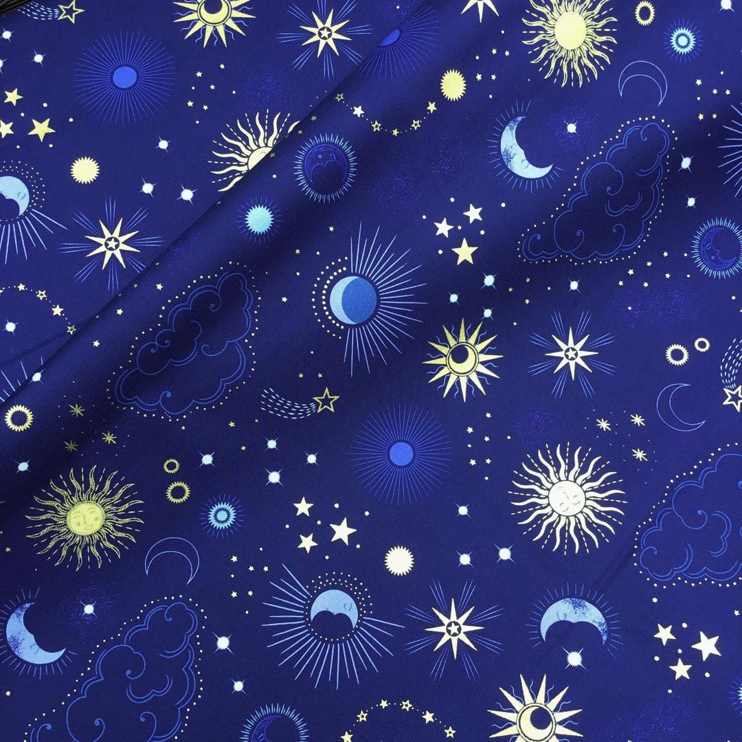 Celestial Stars Sun Moons Clouds Dark Blue Metallic Gold Threads ...