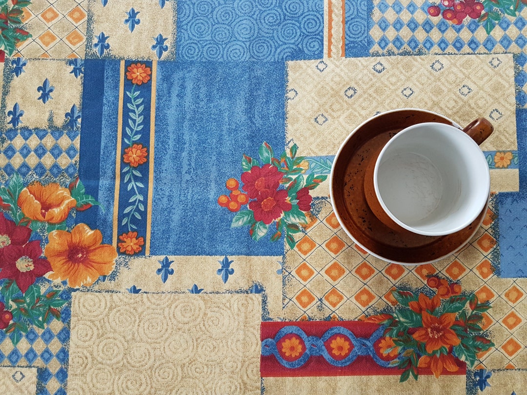 Upcycled Vintage Cotton Fabric Tablecloth With Patchwork Style Floral ...