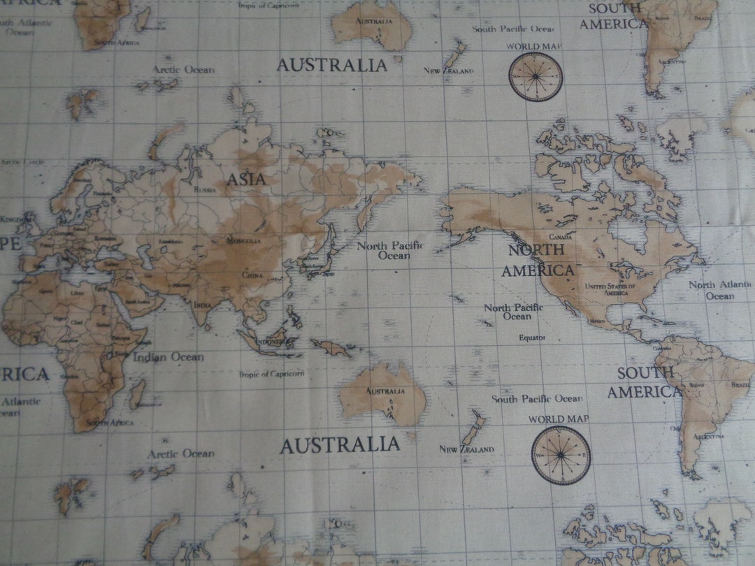 World Map Design Fabric Table Linens or Custom Cafe Curtains ...
