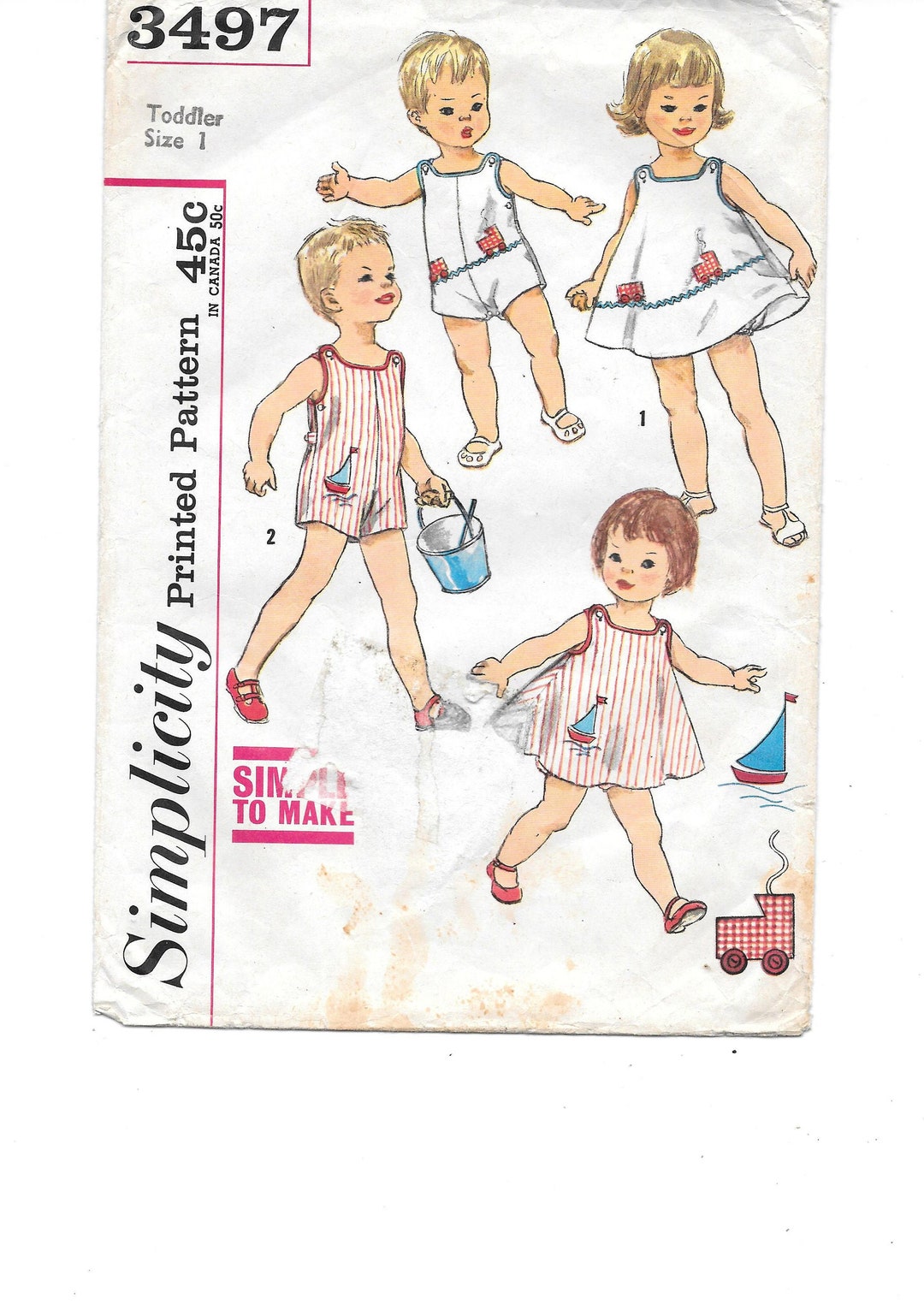 1960s Toddler Sun-suit Sewing Pattern: Simplicity 3497, Size 1 ~ Dress ...