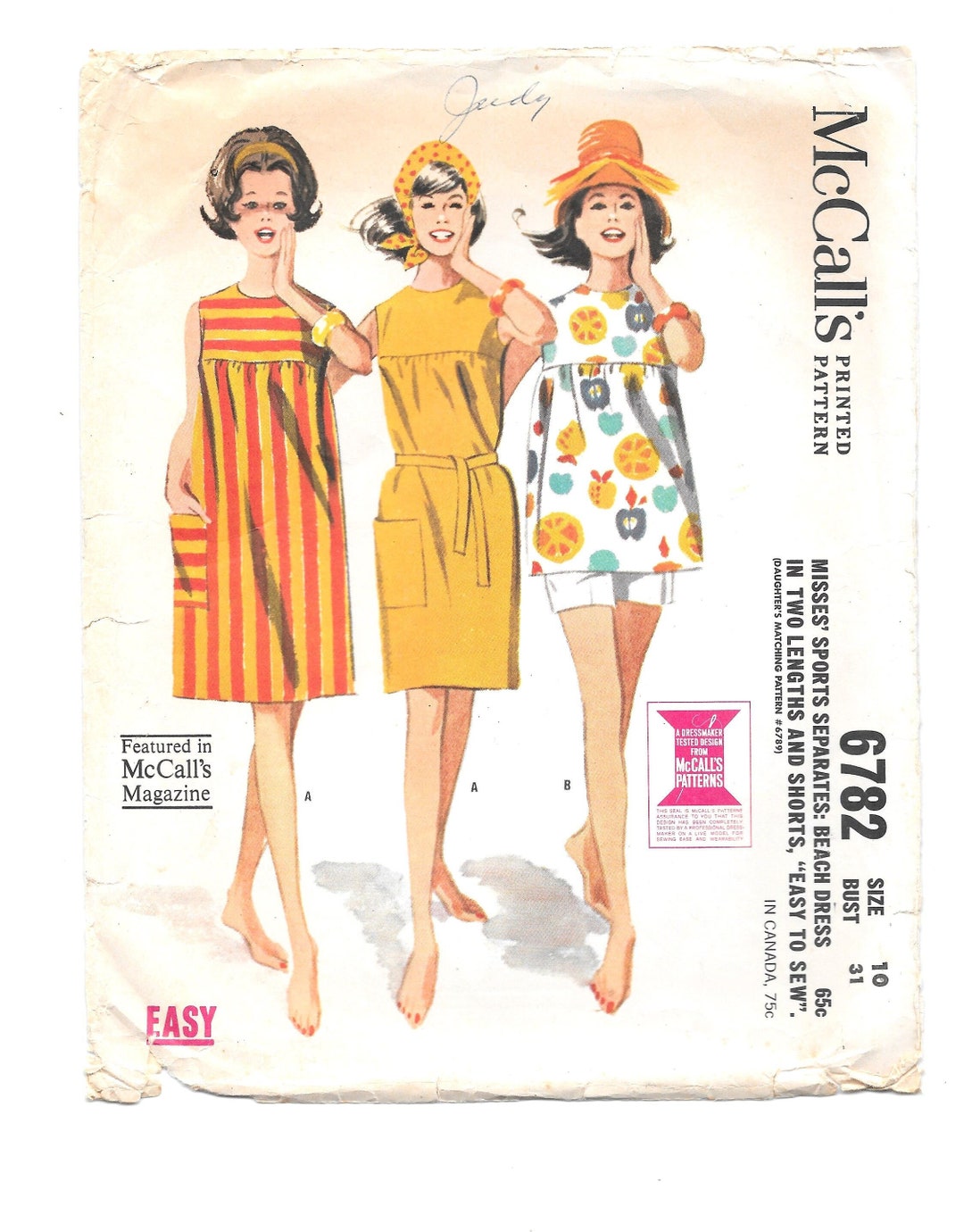 1960s BEACH DRESS Shift SHORTS Smock ~ Vintage Sewing Pattern ~ Mccalls ...