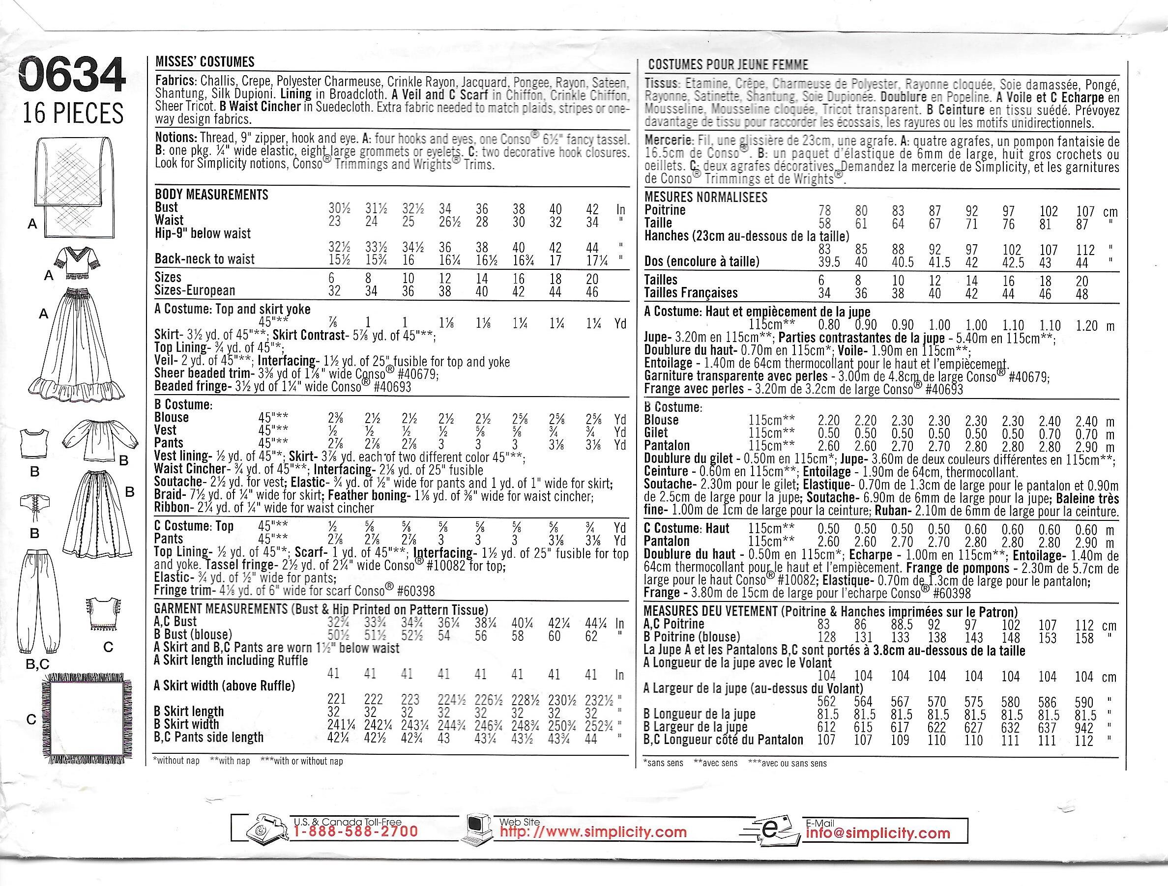 Belly Dancer Genie Gypsy Misses Costume Sewing Pattern Simplicity 5359 ...