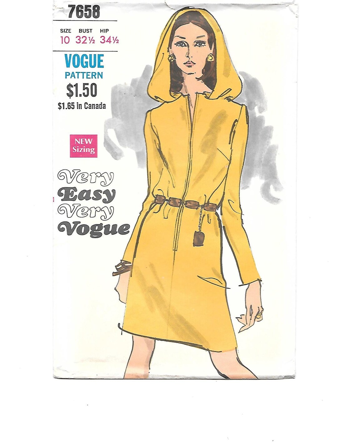 1960s Mod DRESS W/ HOOD Vintage Sewing Pattern Vogue 7658 Size 10 Bust ...