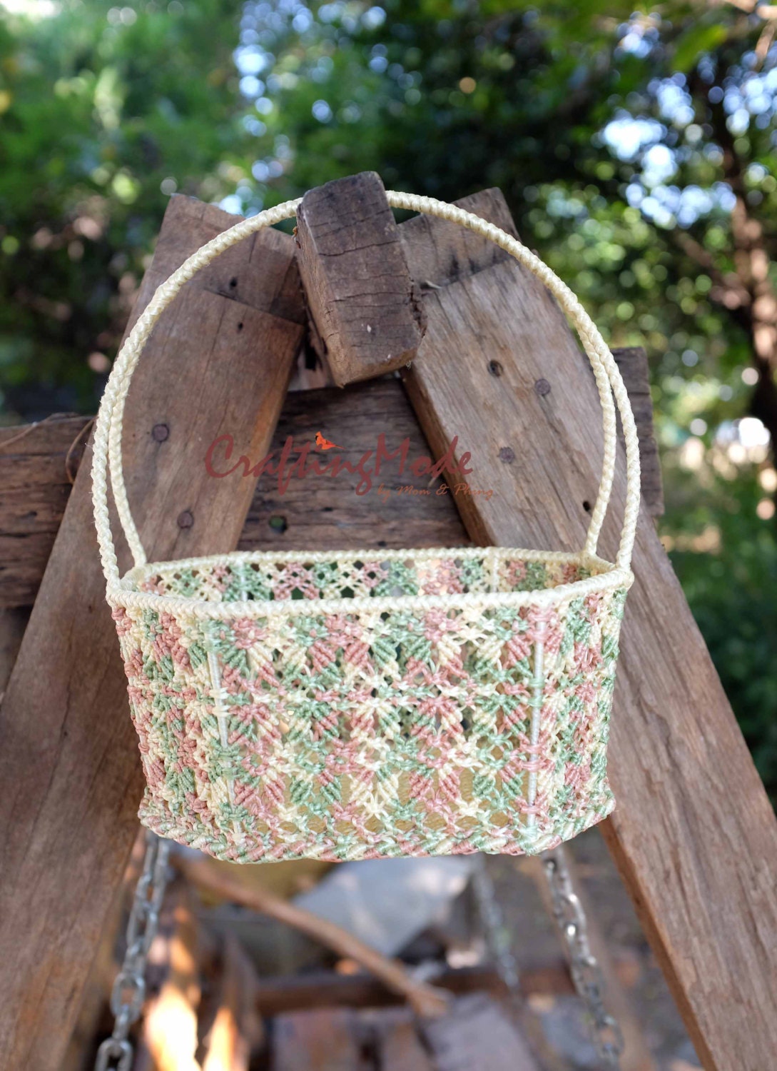 Macrame Basket MediumHandmadeOctagon shapeIvory Pale pink | Etsy