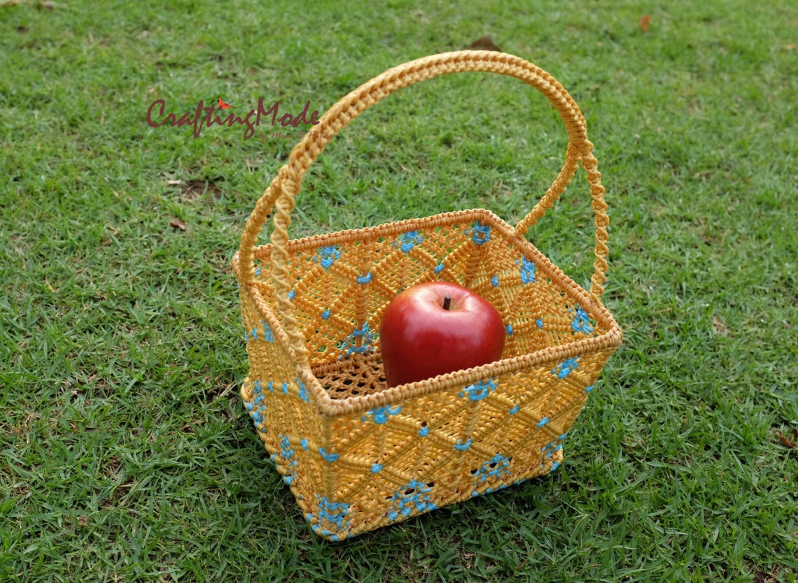 Macrame, Basket,handmade,medium Size,natural Color ,gold and Blue ...