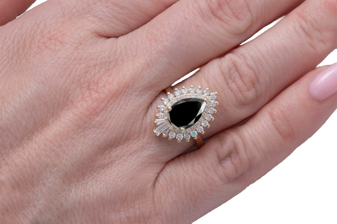 Teardrop Engagement Ring, Sunburst Ring, Gatsby Ring, Black Diamond ...
