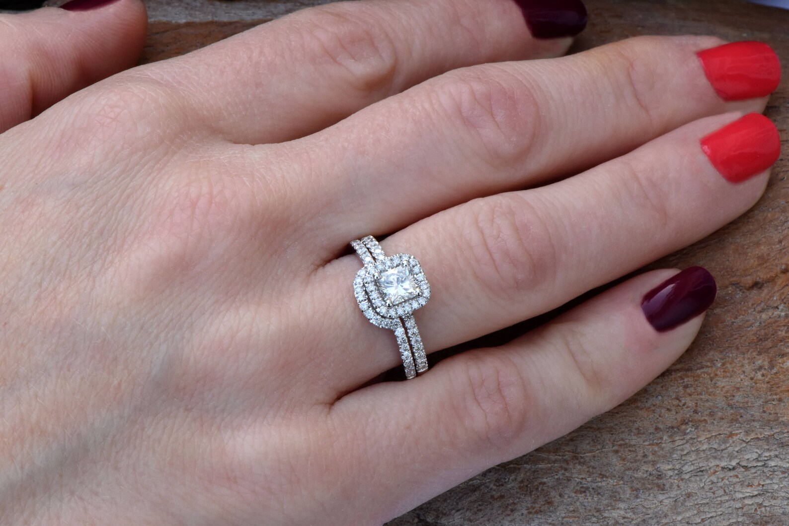 Cushion cut engagement ring set-White Gold-Promise ring-Art | Etsy