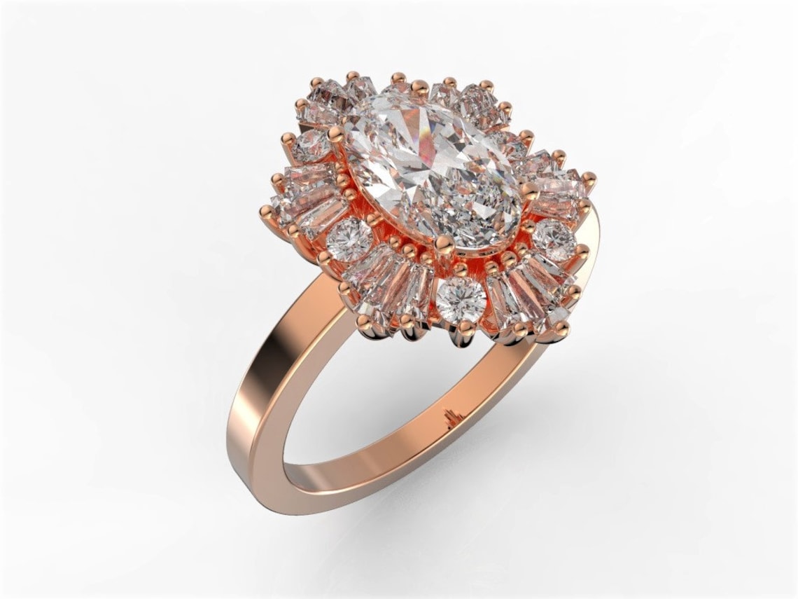 Oval Diamond Engagement Ring, Gatsby Ring, Sunburst Ring, Art Deco ...