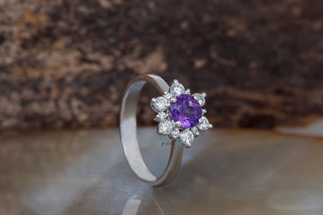 Amethyst Flower Ring, Amethyst Diamond Ring, Amethyst Jewelry ...