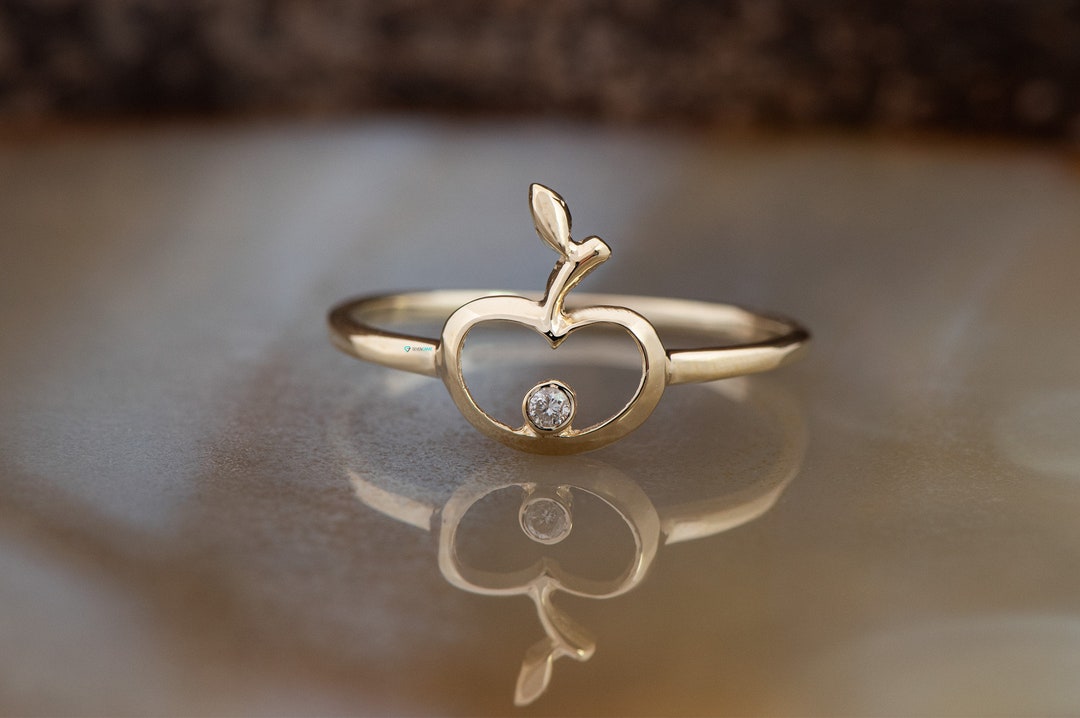 Unique and Elegant 14k Yellow Gold Apple Ring With Diamond Stone ...