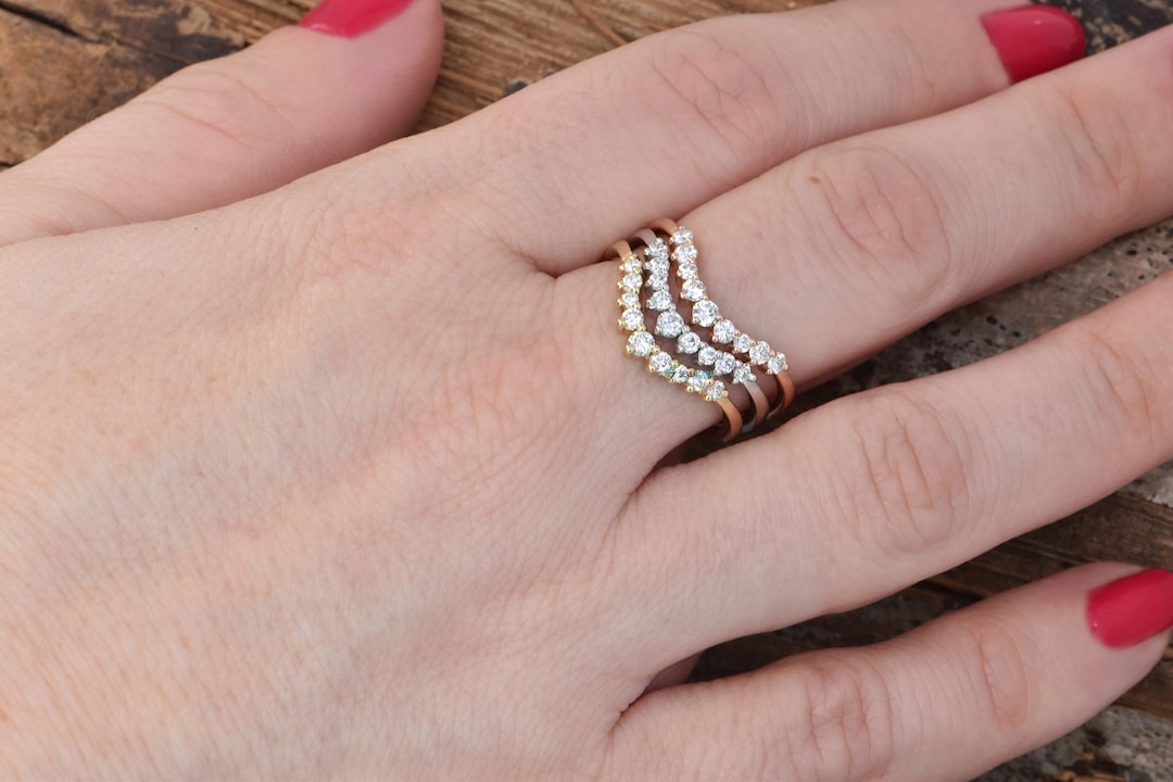 Stacking Curved Wedding Band, Matching Diamond Ring, Elegant 14k/18k ...
